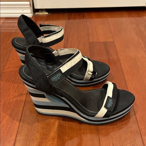 Coach | Shoes | Coach Striped Navy And Cream Wedges | Poshmark